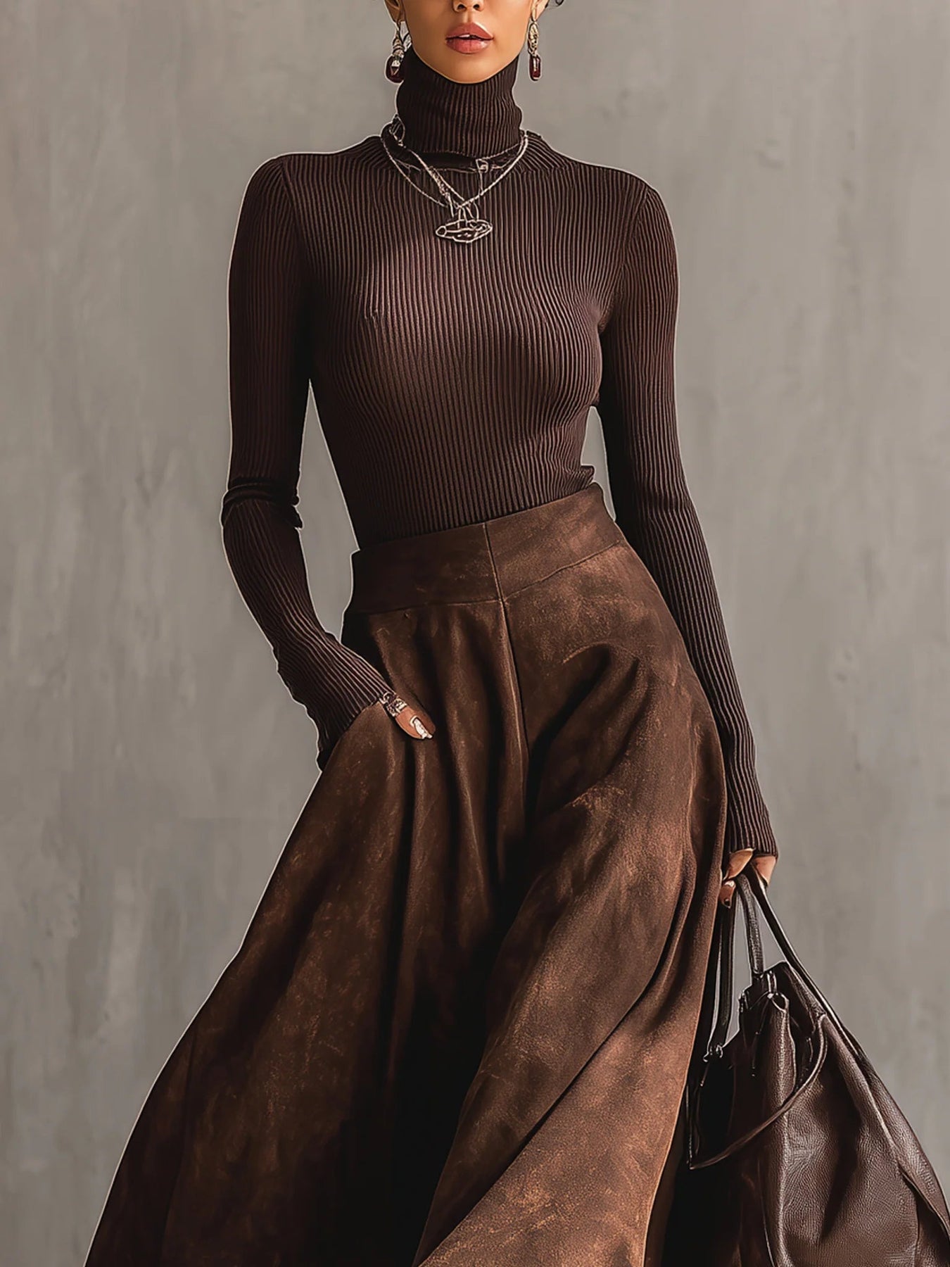 Coffee Distressed Suede Midi Skirt Set – Bellina