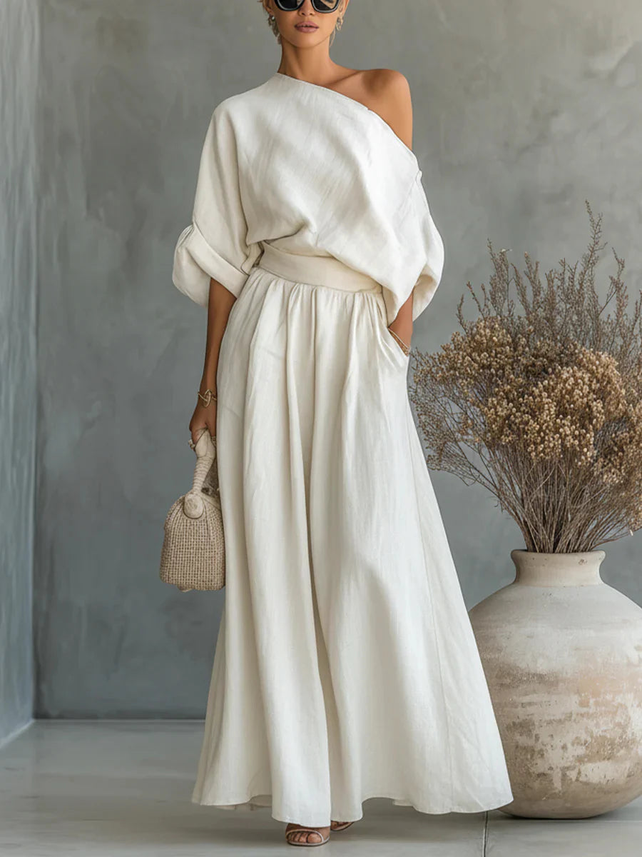 One-shoulder puff sleeve top and wide-leg long skirt set – Bellina