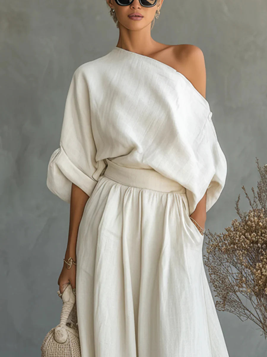 One-shoulder puff sleeve top and wide-leg long skirt set – Bellina